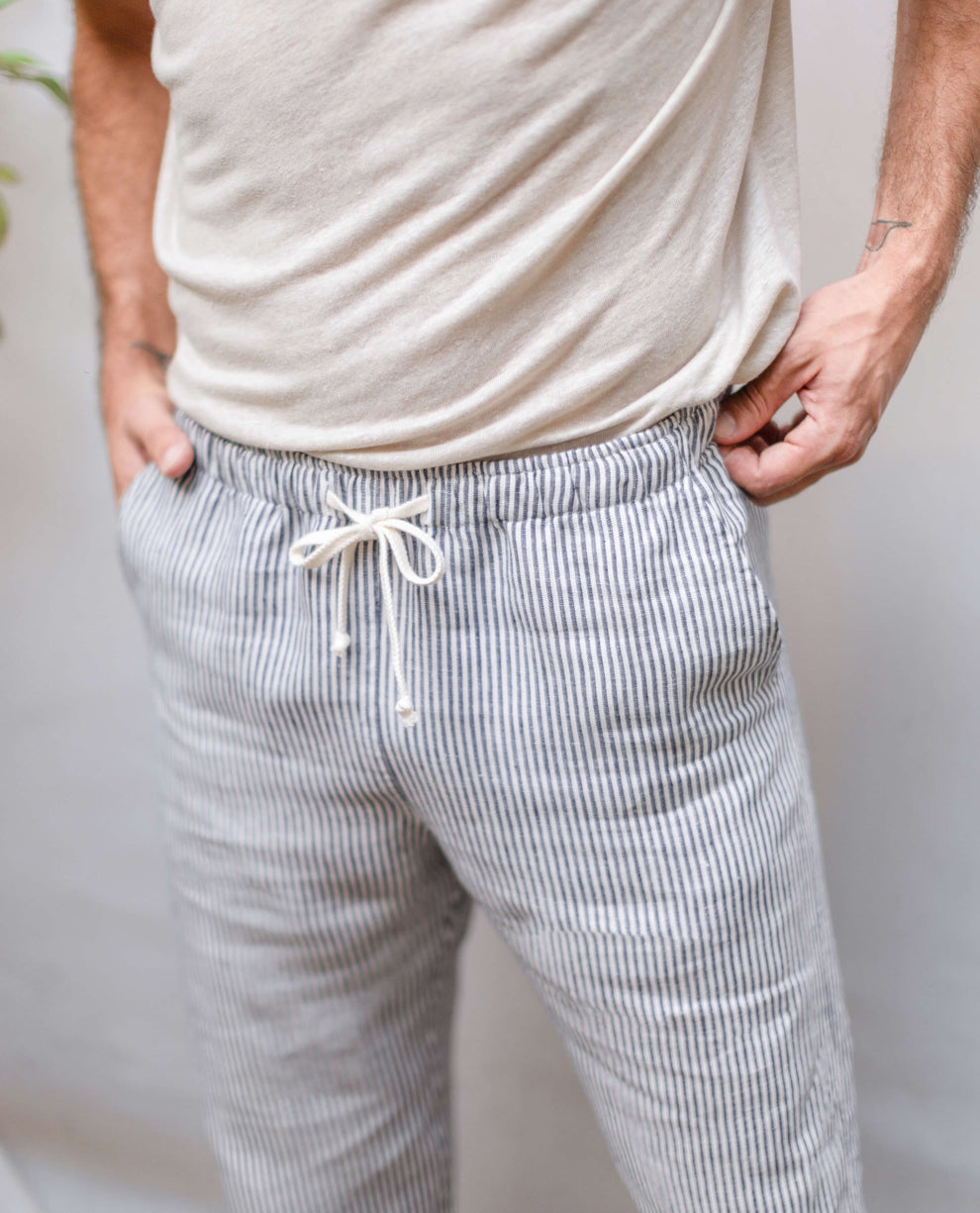 Bo Linen Drawstring Pants - Sustainable French Linen / Blue and White ...