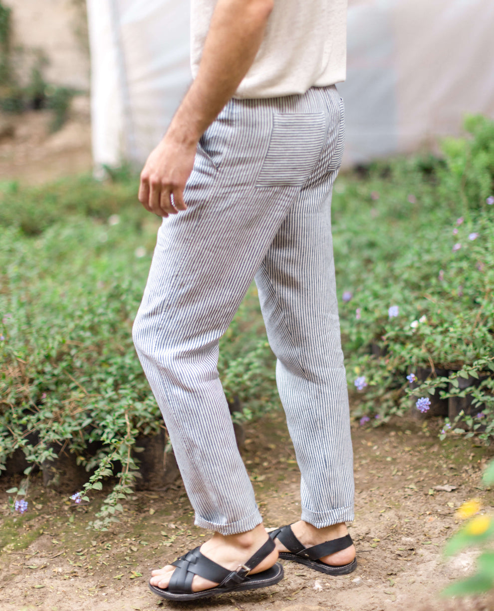 Bo Linen Drawstring Pants - Sustainable French Linen / Blue and White ...