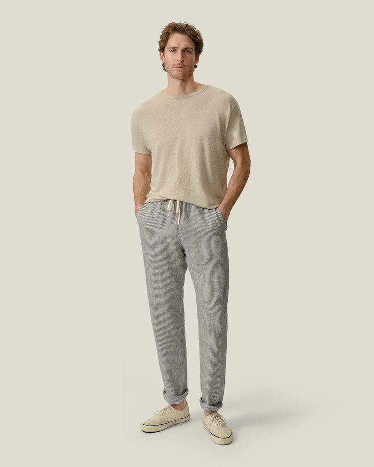 Bo Linen Drawstring Pants - Sustainable French Linen / Blue and White ...